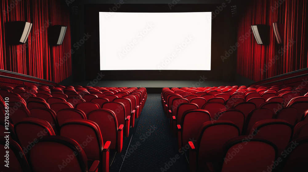 Cinema hall with audience seats and blank panoramic screen with ...