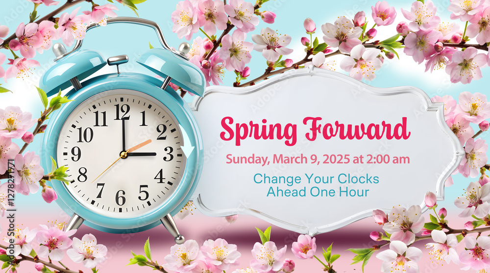 Daylight Saving Time Begins concept. Spring Forward Time banner with ...