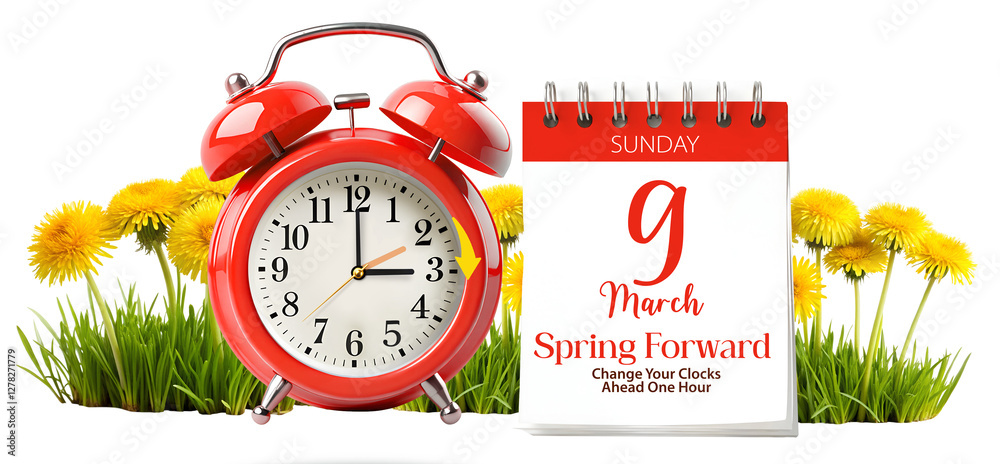 Daylight Saving Time Info Banner. Spring Forward concept with red alarm ...