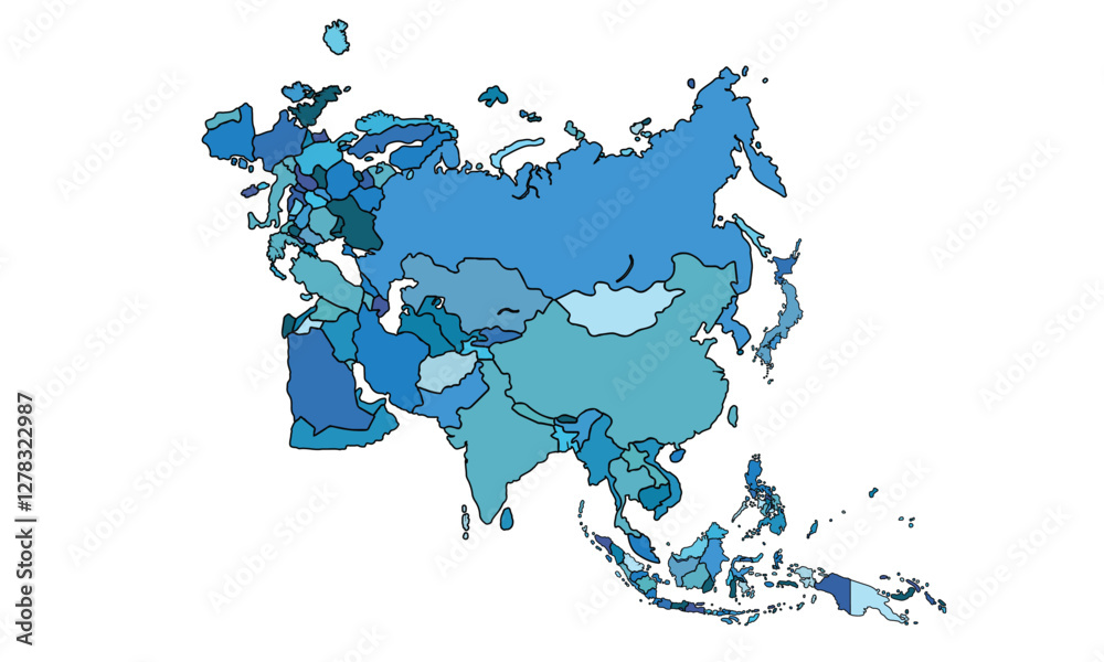 Regions of Asia. Political map with single countries. Colored ...