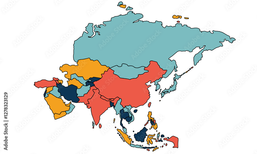 Regions of Asia. Political map with single countries. Colored ...