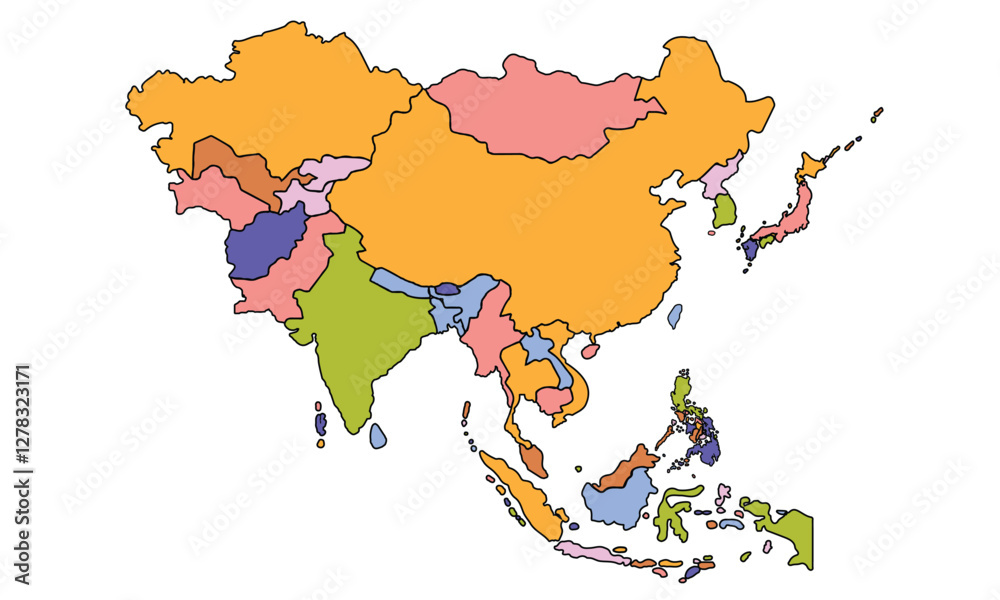 Regions of Asia. Political map with single countries. Colored ...