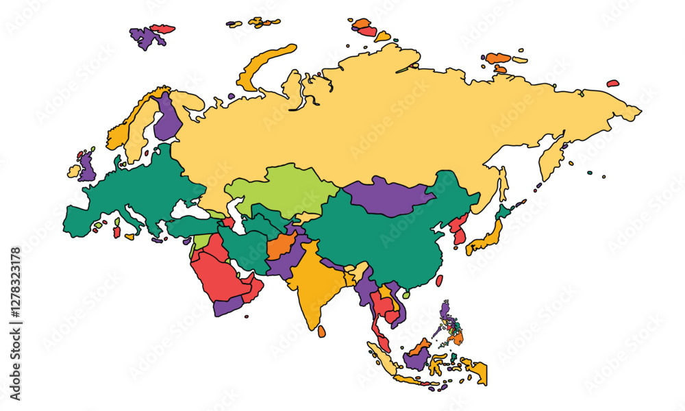 Regions of Asia. Political map with single countries. Colored ...