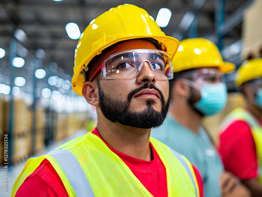 Workers conducting safety inspections in logistics facility, ensuring ...