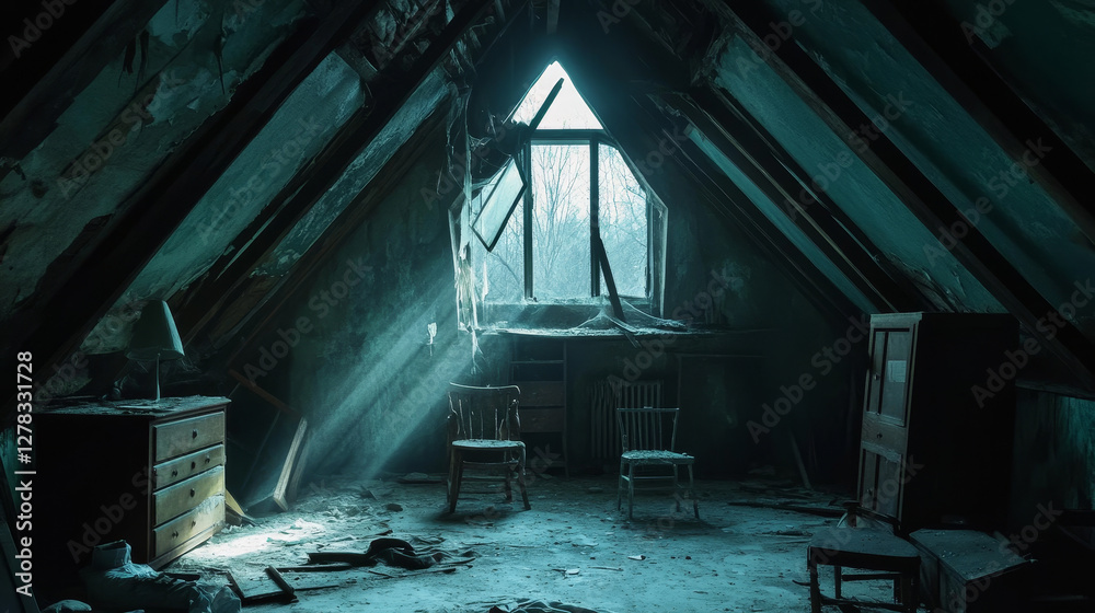 Old abandoned attic house room interior at night cartoon halloween ...