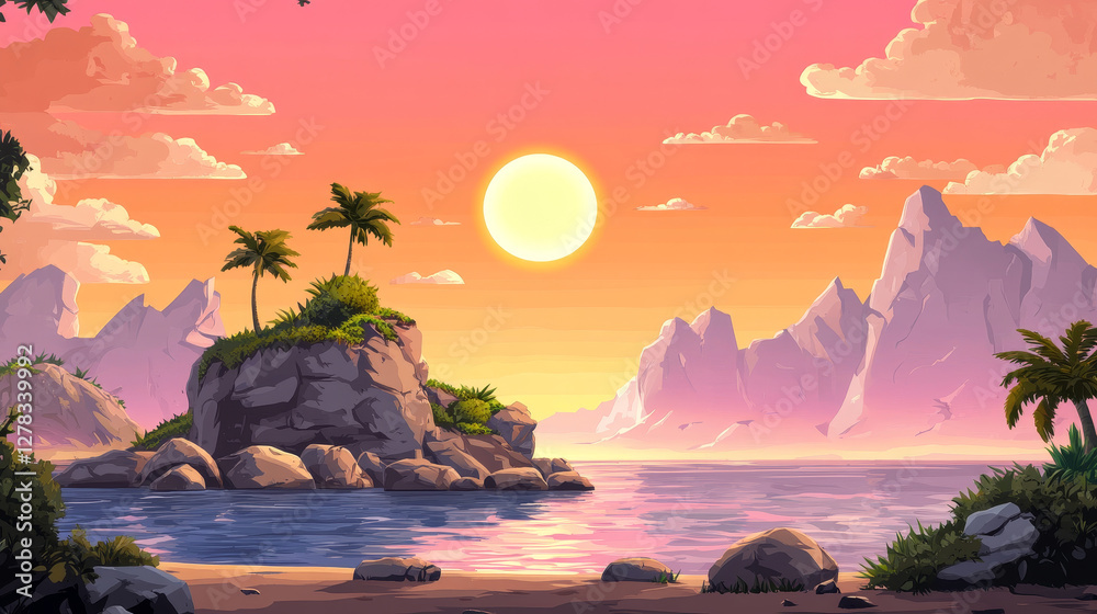 Sea landscape with small island in water and mountains at sunset ...