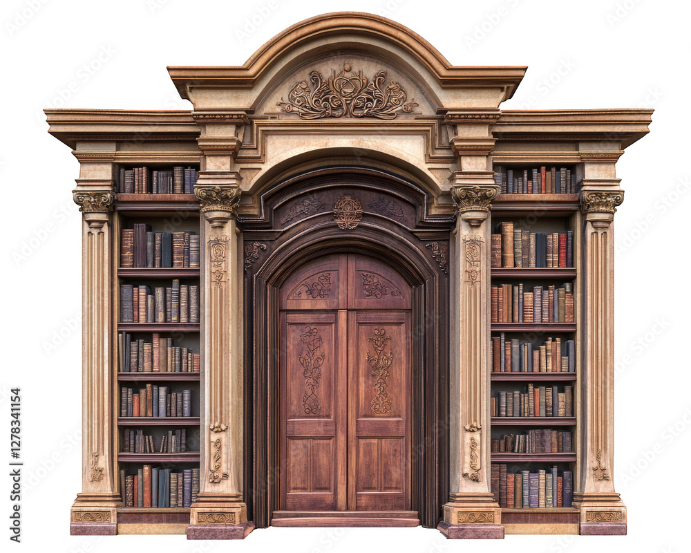 grand ancient library entrance featuring towering bookshelves and ...