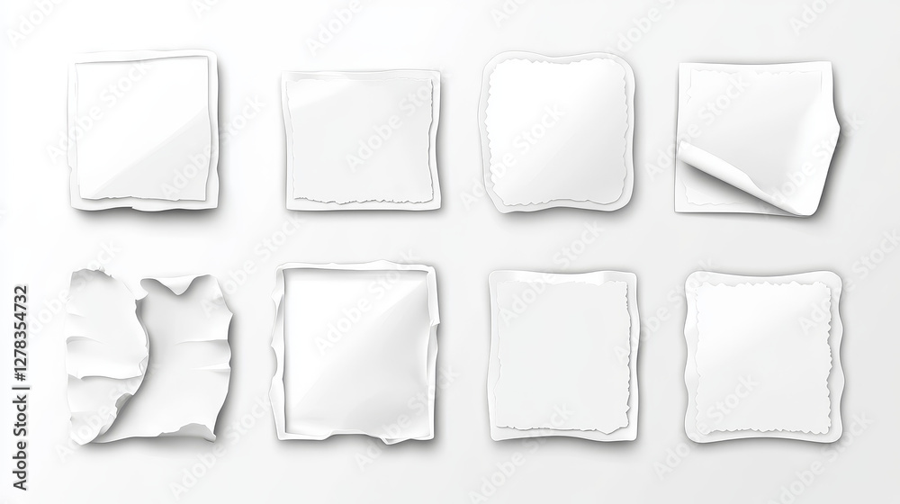 White glued stickers, crumpled paper patches mockup. Blank shrunken ...