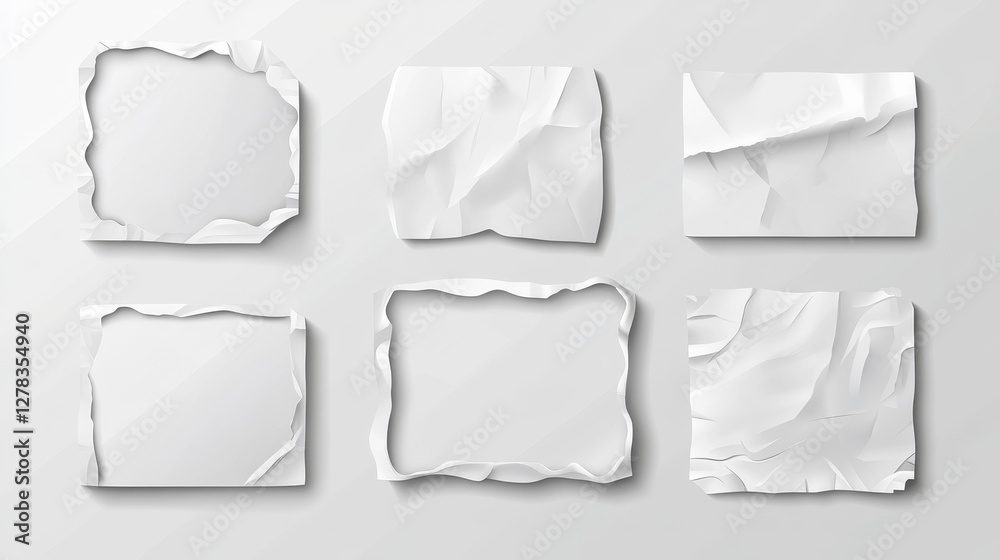 White glued stickers, crumpled paper patches mockup. Blank shrunken ...