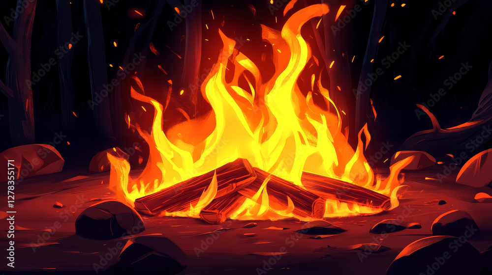 Cartoon burning camp fire flames with, campfire with woods and long ...