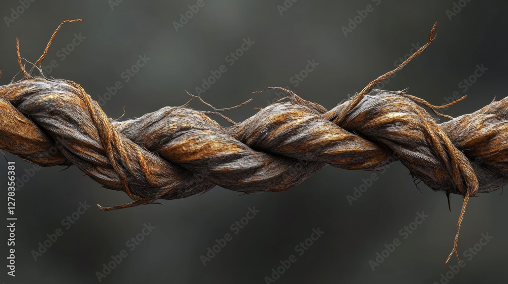 Metal cable, steel twisted twine with torn fibers. Old broken iron rope ...