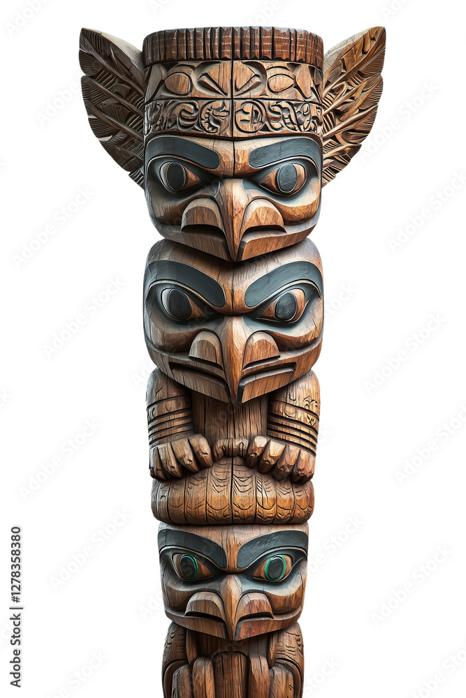 Intricate design of an Indian wooden totem pole showcasing cultural artistry and history ...