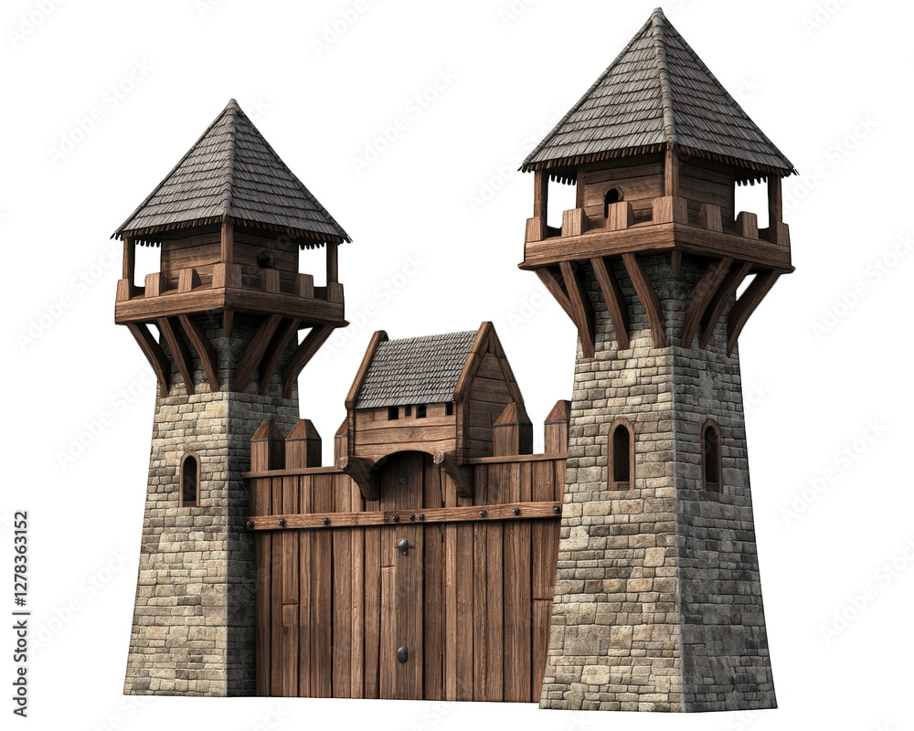 medieval wooden fortress featuring tall watchtowers and sturdy gate ...