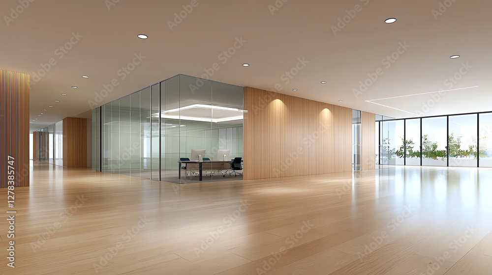Modern open office with glass partitions and wooden accents, featuring ...