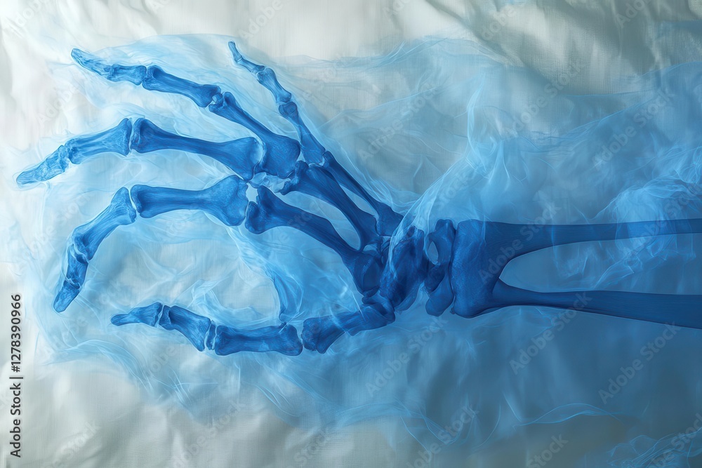 ethereal blue-tinted x-ray of human hand with intricate bone structure ...