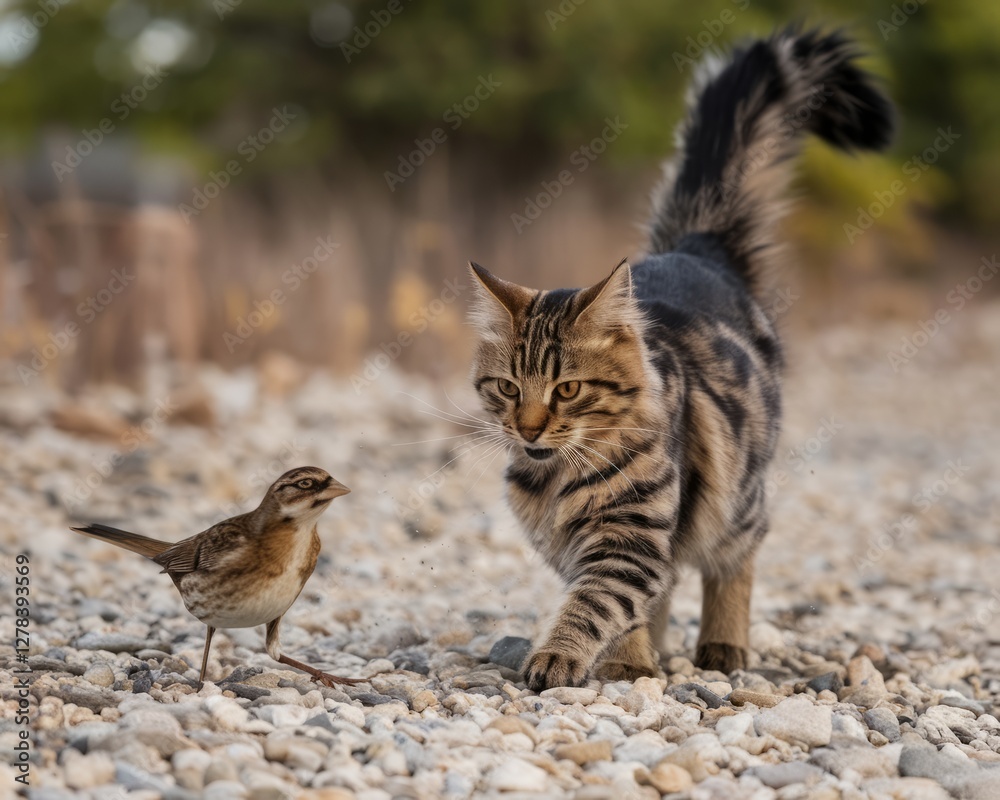 Feral Cat Chasing Small Bird on Rocky Terrain in Natural Wildlife ...