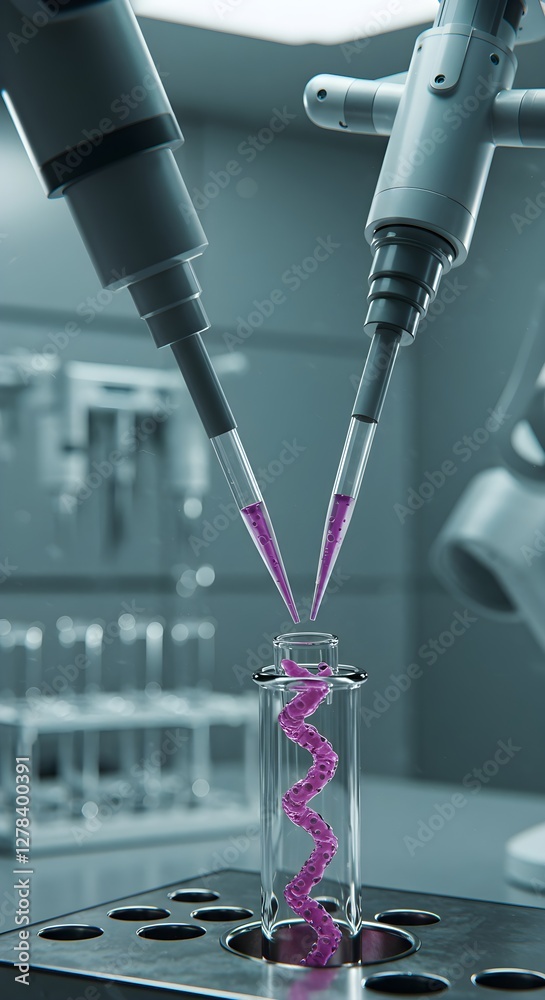 Scientific laboratory pipettes extracting purple dna sample from test ...