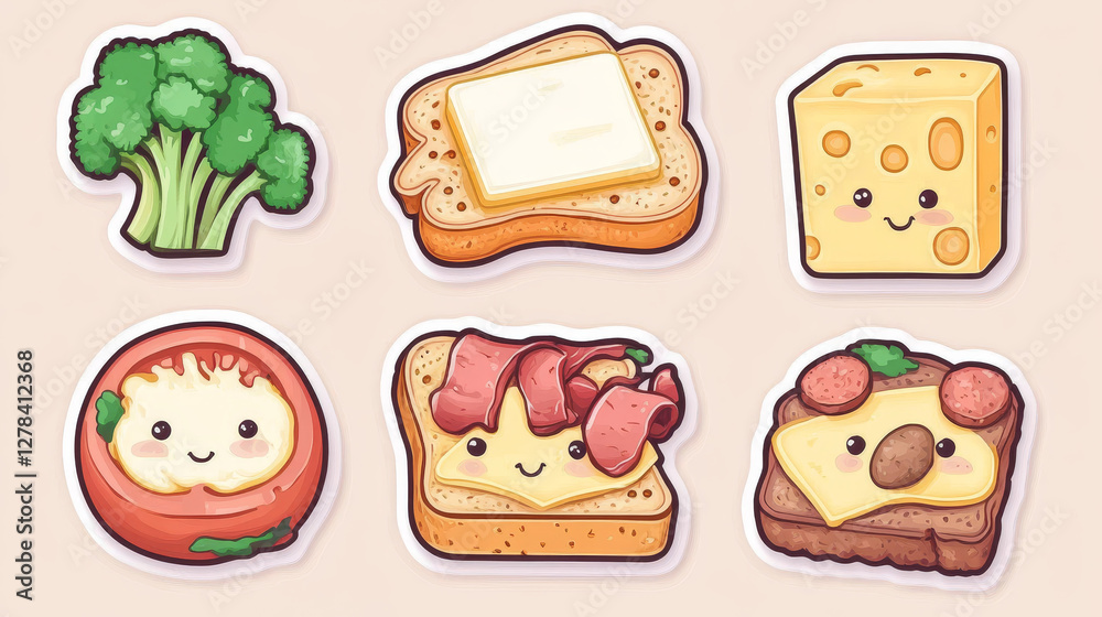 Retro stickers in y2k style, different funny food characters isolated ...