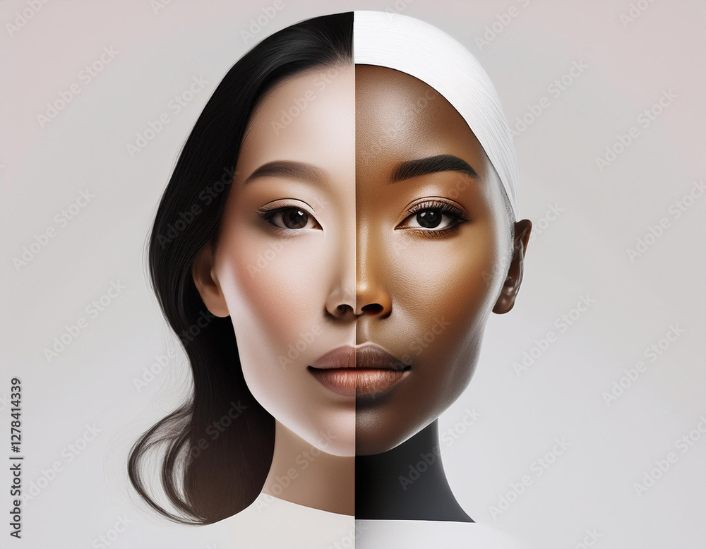 Collage con la cara de dos mujeres, asiática y negra mirando de frente ...