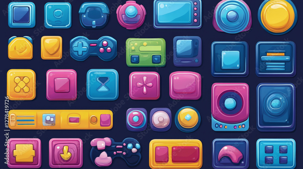 Vector game template gui kit. Interface button elements for build web and mobile games and apps ...