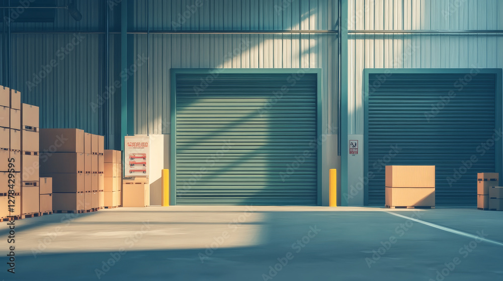 Warehouse interior with closed gates and cardboard boxes. Vector ...