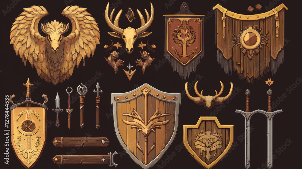 Game avatar frames, level ui icons, wooden shields or banners animal ...