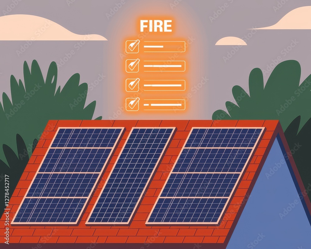Fire safety checklist concepts. Solar panels on a house with a warning ...