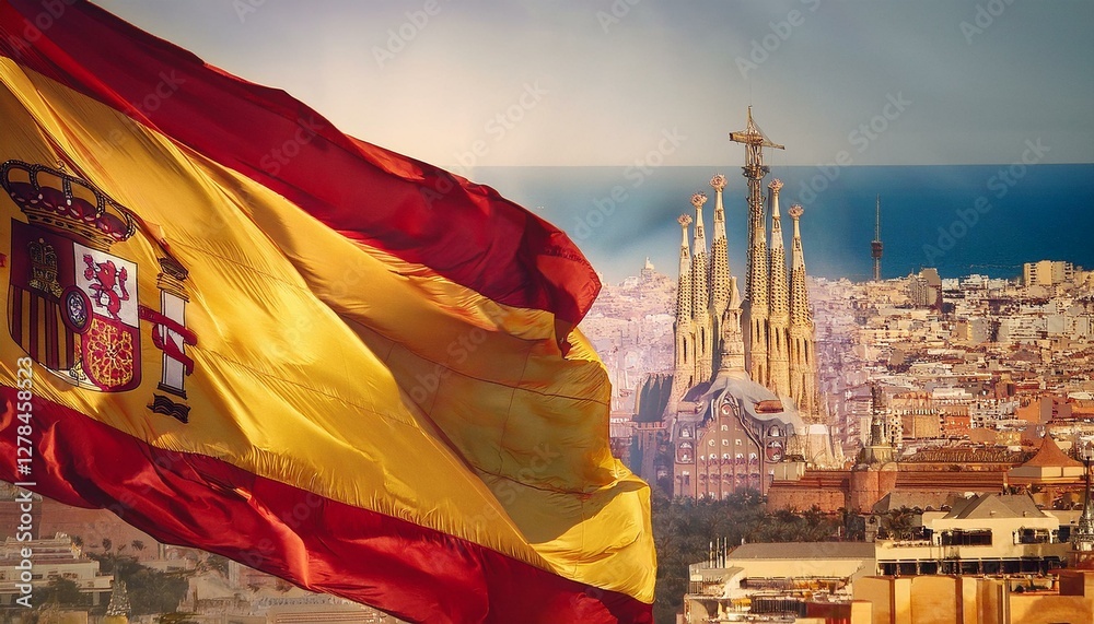 The Spanish flag waving in Barcelona, background famous Basílica de la ...