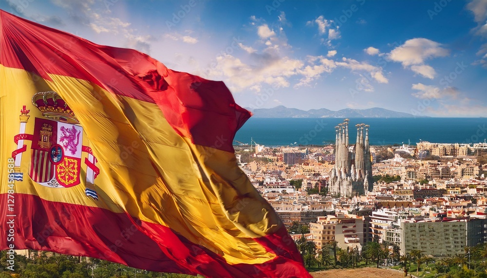 The Spanish flag waving in Barcelona, background famous Basílica de la ...