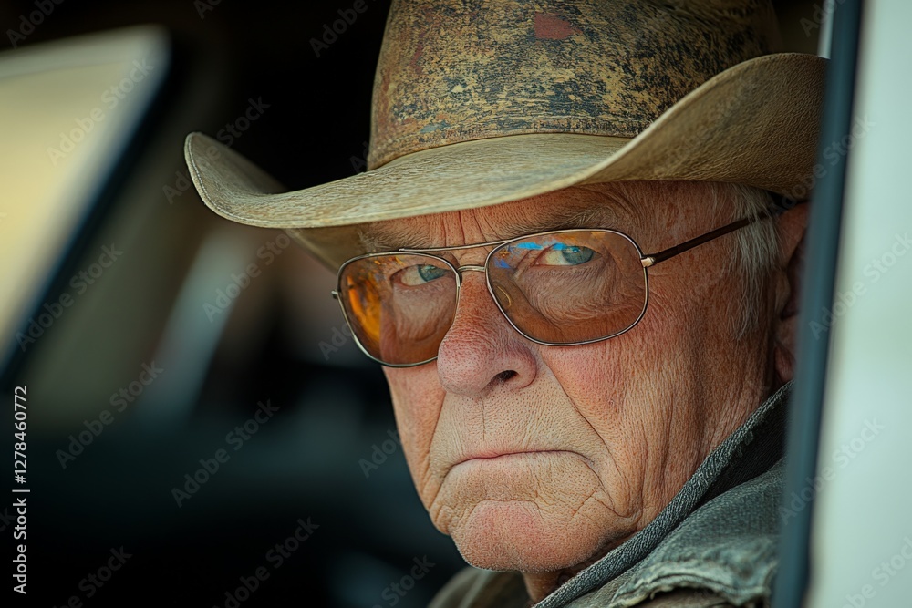 Older man with a stern expression and cowboy hat gazes from a vehicle ...