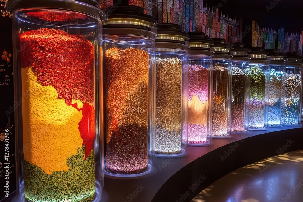 interactive spice market installation with illuminated glass jars of ...