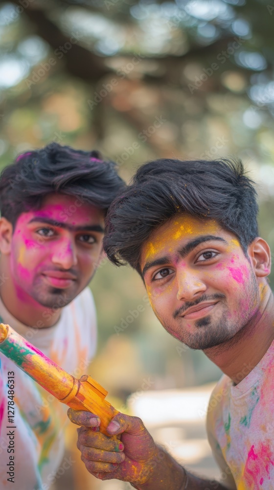 Indian Brothers Playing Holi with Water Guns (Pichkari) Photo.Fictional ...
