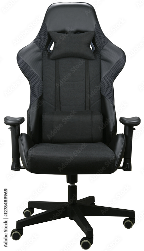Black gaming chair on wheels with high back isolated on a transparent ...