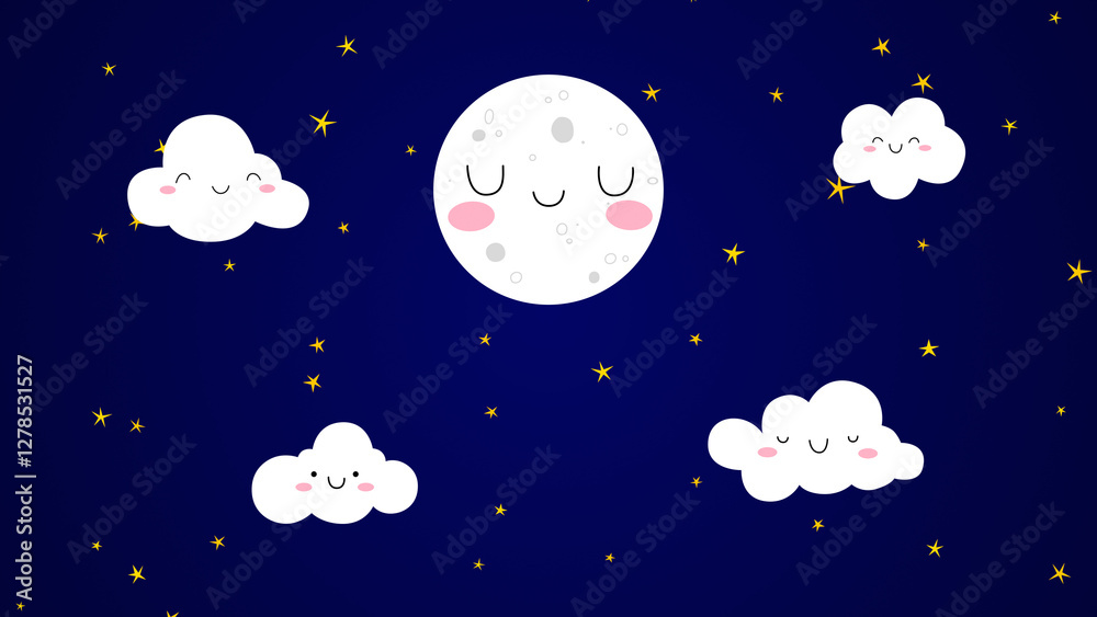 moon and stars with cute clouds on night sky, kids lullaby and nursery ...
