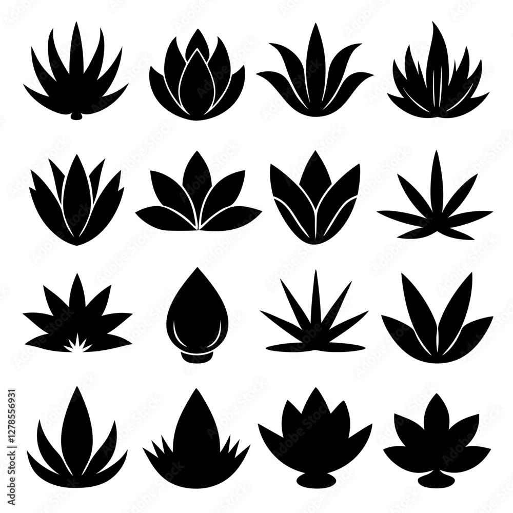 A collection of stylized, black silhouette images of agave plants ...