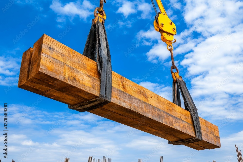 Industrial aerial view of crane lifting heavy timber beams at ...