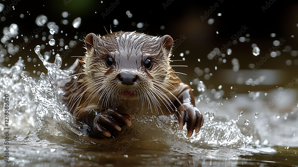 A playful otter emerges from the water, creating a dynamic splash. Its ...