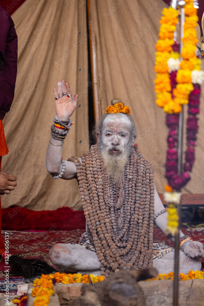 Portrait of an holy naga sadhu baba putting the piry ash on his face ...