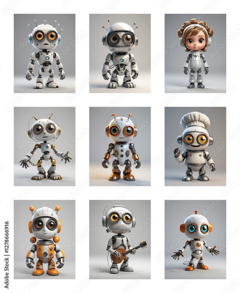 Nine distinct cartoon robots, each uniquely designed and some holding ...
