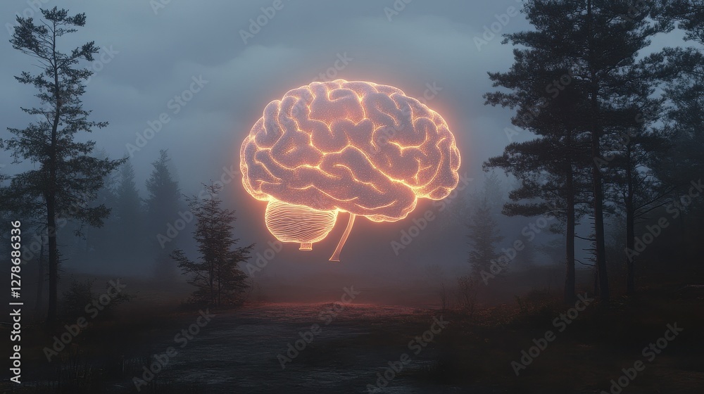 Surreal glowing brain illustration in a misty forest landscape Stock ...