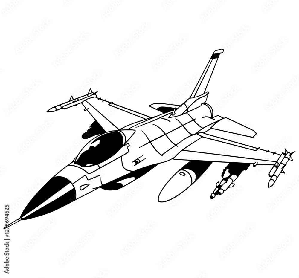 Black and white vector illustration of a fighter jet in flight with ...