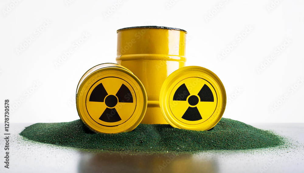 yellow radioactive waste barrel with a nuclear hazard symbol, partially ...