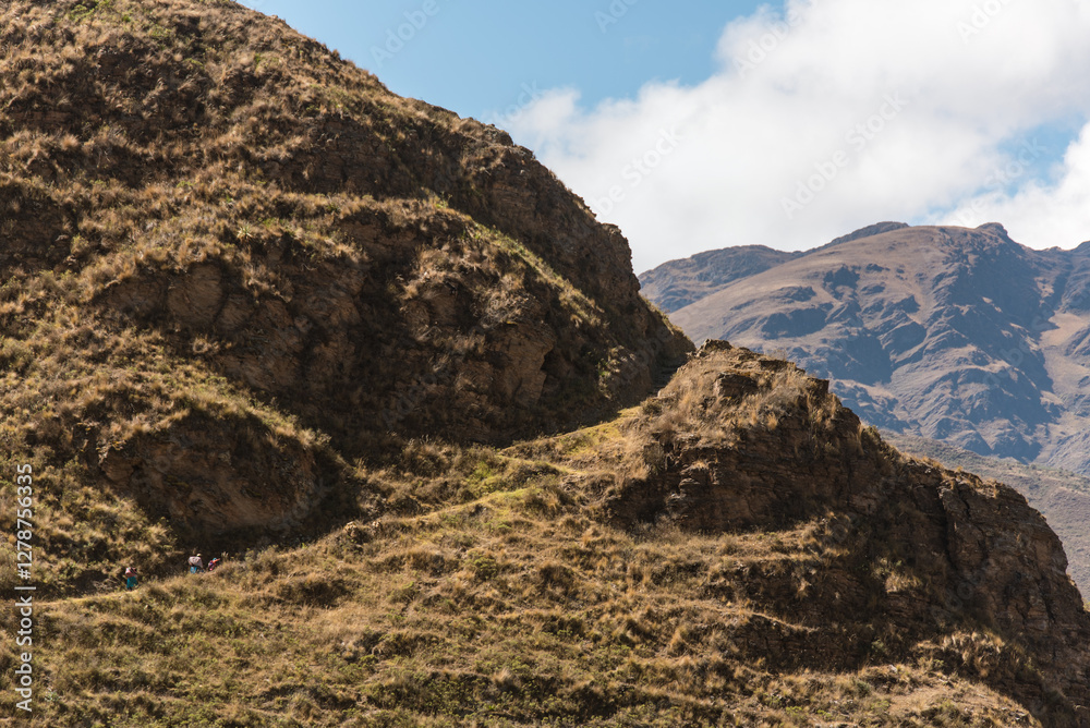 a group of native aymara people walking and hiking in the heights in ...