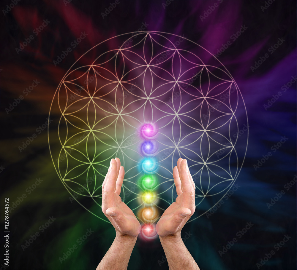Flower of Life and Seven Chakras Healing Wall Art - Male healer's hands ...