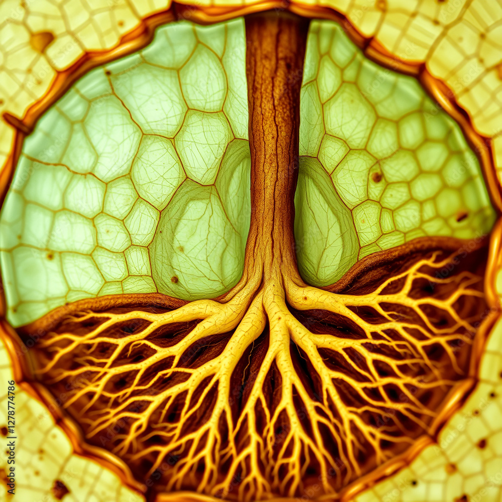 The microscopic structure inside plants, with roots in the center ...