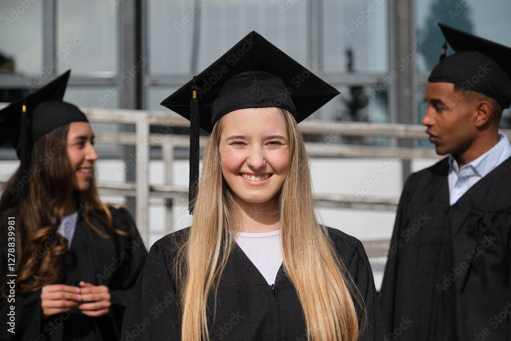 Happy graduating student smiling, wearing graduation gown and cap ...