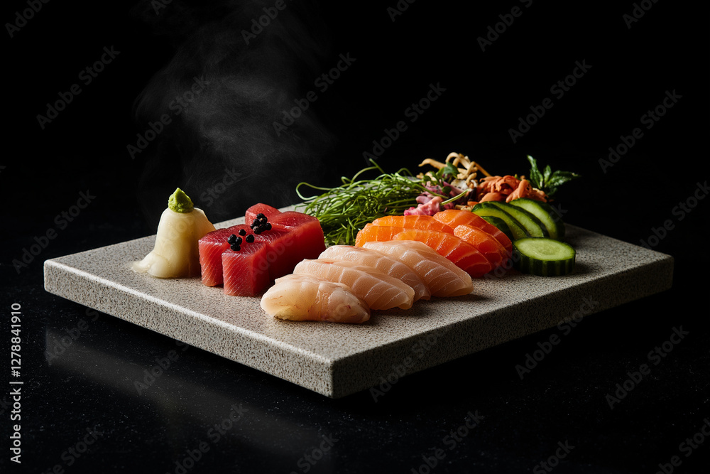 Sashimi with prawns, tuna fillet, salmon fillet, dragon tail, sea ...