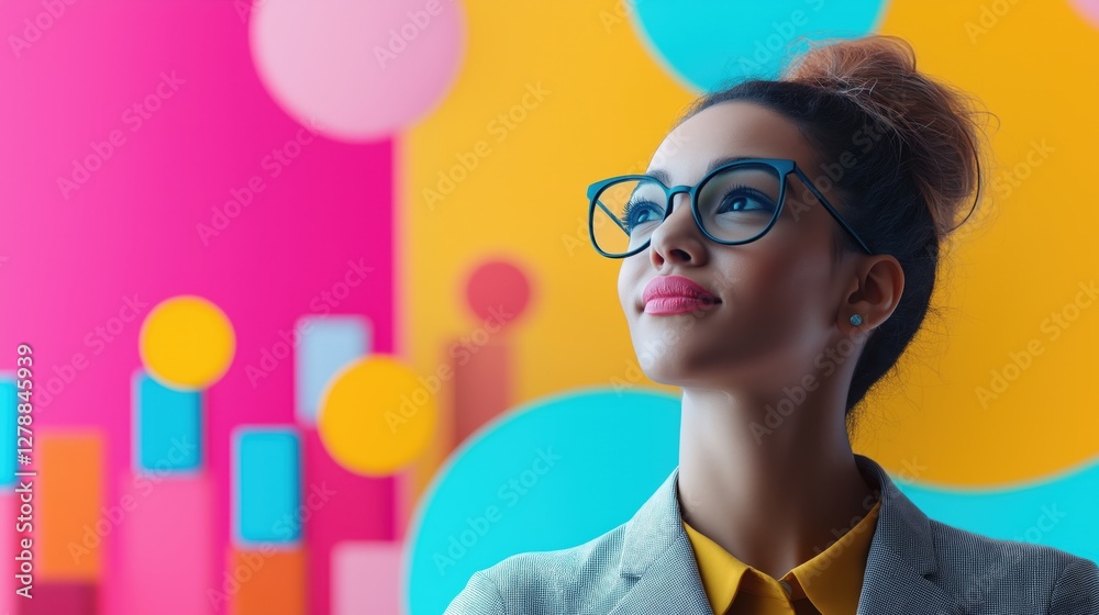 Inspiring woman posing against colorful background modern office ...
