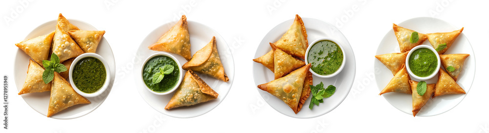 Set of golden samosas served with mint chutney isolated on transparent ...
