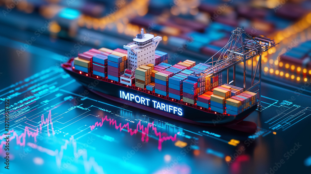 Tariffs import impact. Tax protectionism. Duty negotiation. Cargo ship ...
